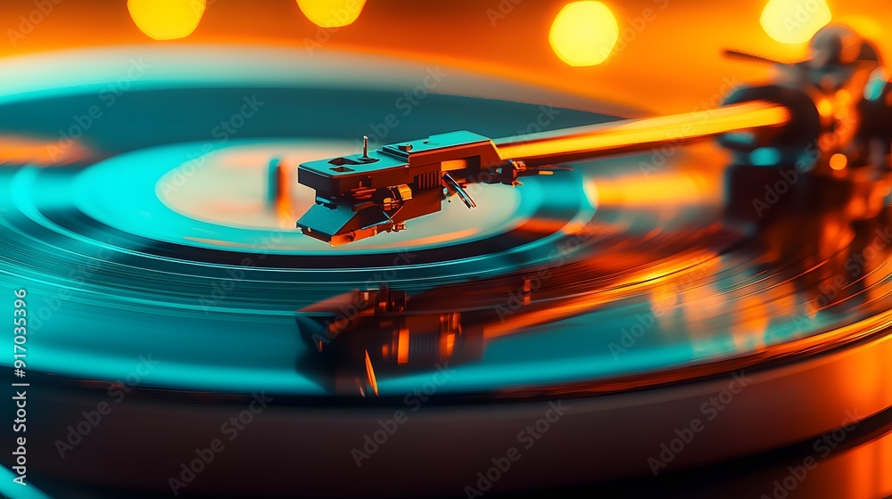 Vintage turntable playing vinyl record, warm golden sunlight, bright ...