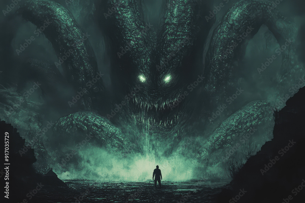 A lone figure stands before a colossal, tentacled monster with glowing ...
