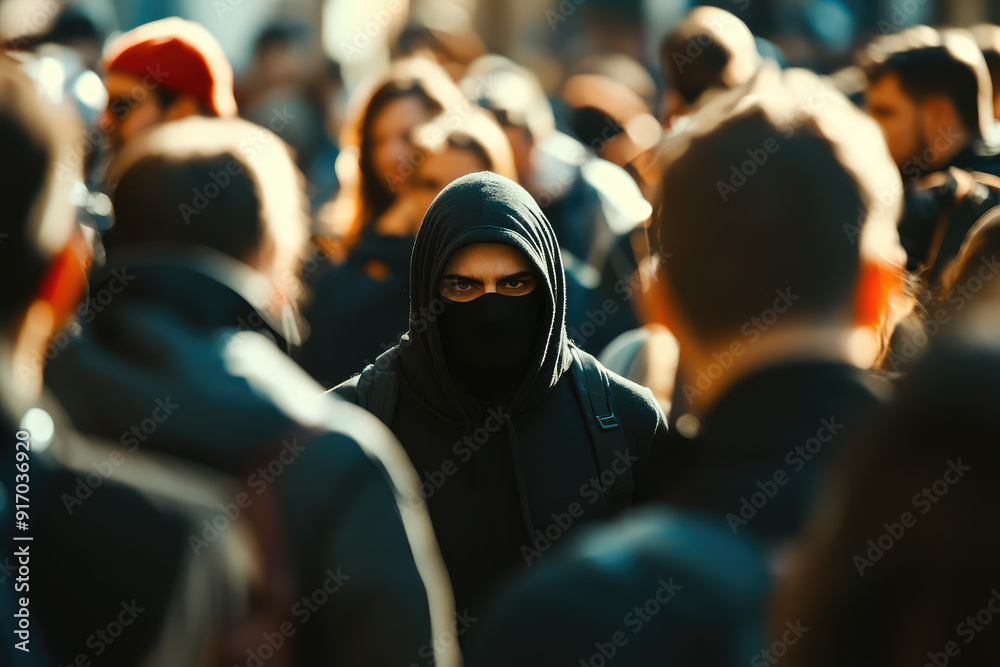 In a bustling crowd, a masked figure blends in seamlessly, hiding in ...