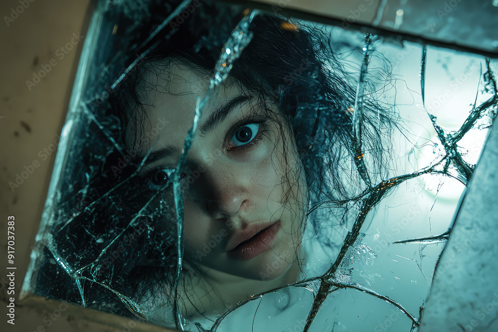 A woman's intense emotion is captured through a shattered mirror ...