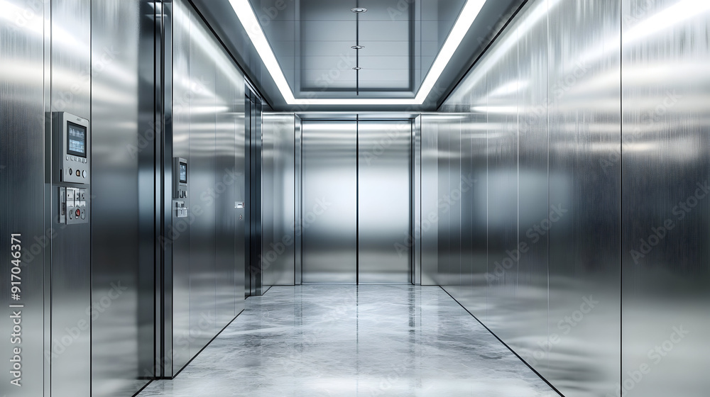 Stainless steel elevator cabin interior with mirror Modern passenger ...