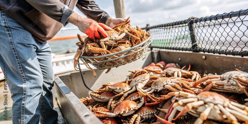 Fisherman Pulling Crab Trap on Boat. A hardworking fisherman hauls a ...