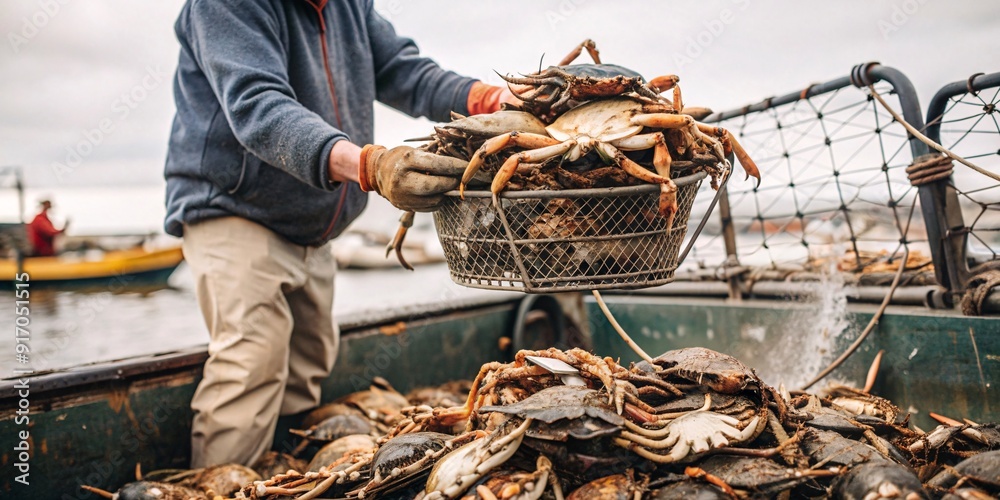 Fisherman Pulling Crab Trap on Boat. A hardworking fisherman hauls a ...