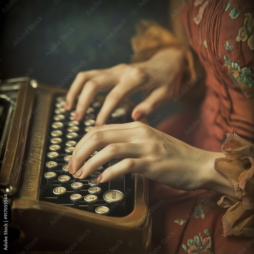 Vintage woman hands typing on a classic mechanical typewriter keyboard ...