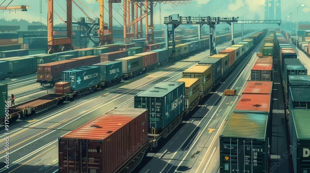 Depict a long cargo train loaded with containers in an industrial rail ...
