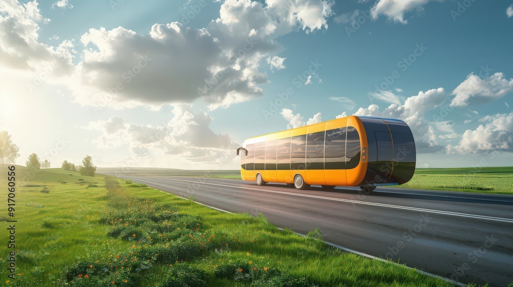 Depict a modern school bus with sleek, aerodynamic design on a highway ...