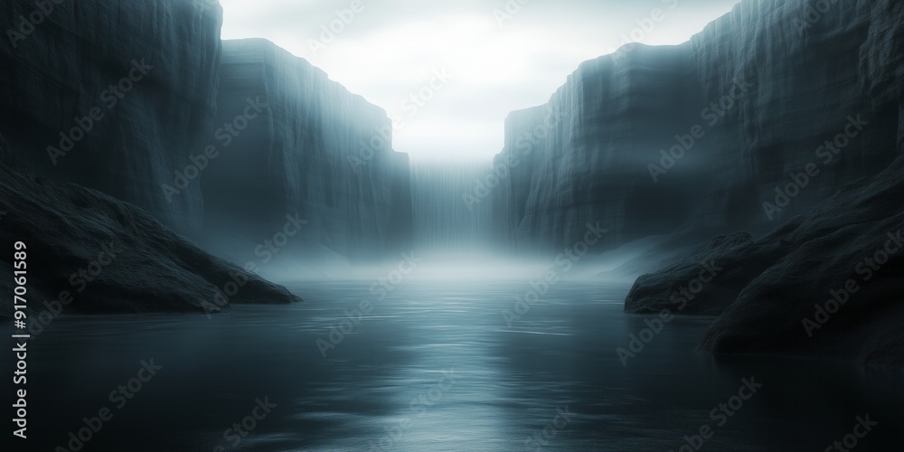 Wide river with high cliffs on both sides, gigantic concrete brutalist architecture in the fog ...