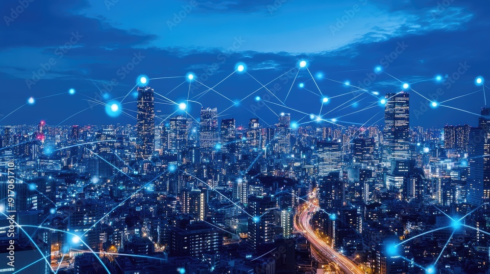 Urban skyline featuring 6G network coverage and IoT data streams ... Urban skyline featuring 6G network coverage and IoT data streams ...