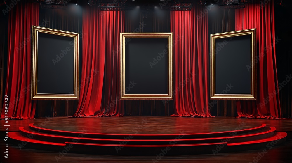 Stand up comedy stage design, empty golden frames floating for ...