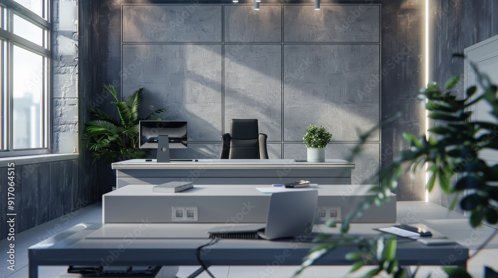 Design a 3D model of a modern office space. What features make it ...