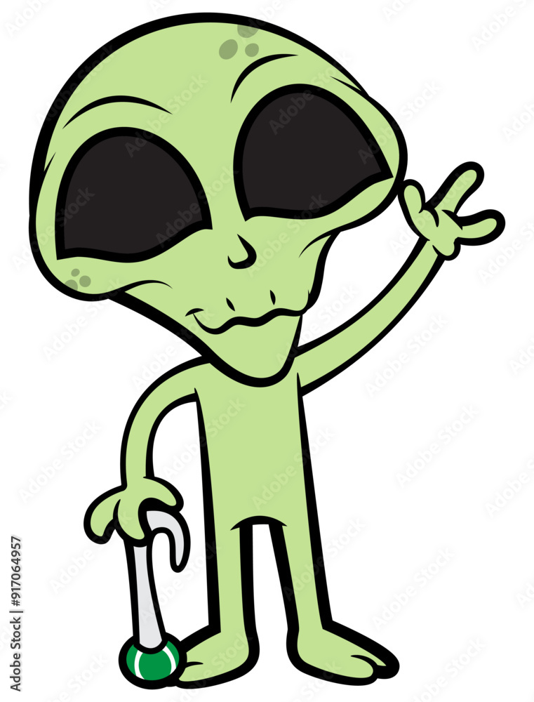 Old Green Alien cartoon characters using a cane. Greeting and say ...
