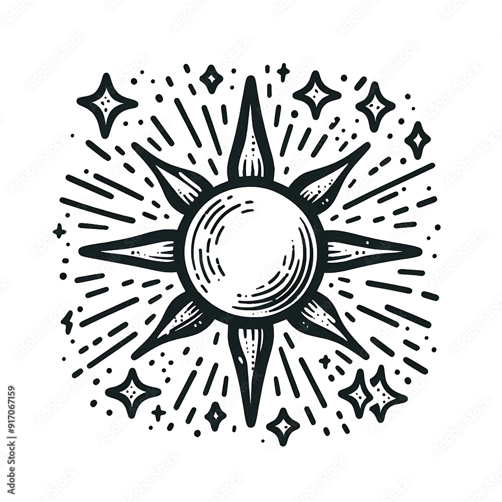 Detailed drawing of the sun with rays, engraving, hand drawing ...