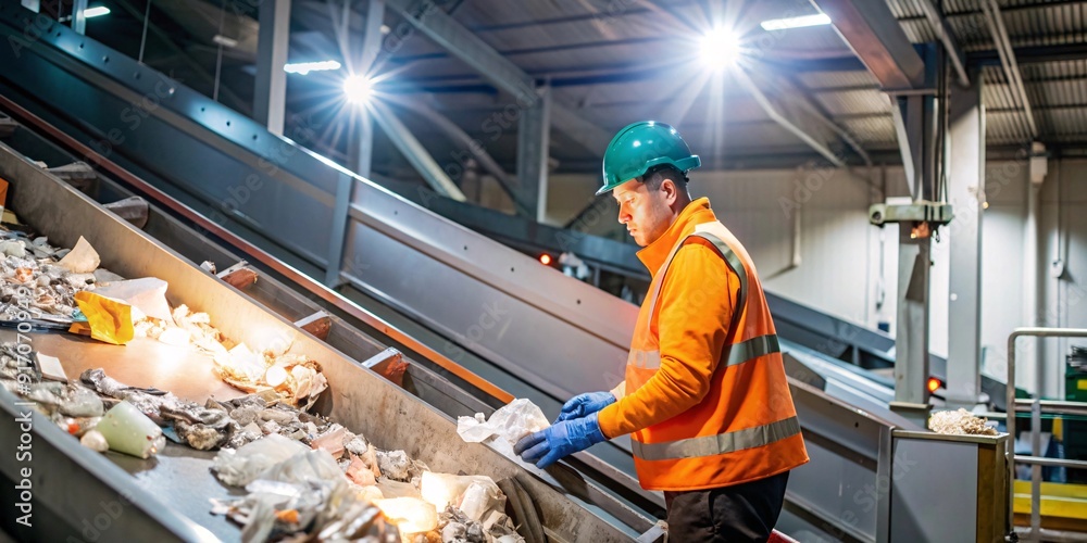 Waste Sorting Worker at Recycling Facility. A waste management worker ...