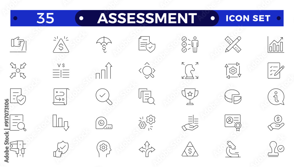 Assessment icons set. Stroke thin line vector illustration with goals ...