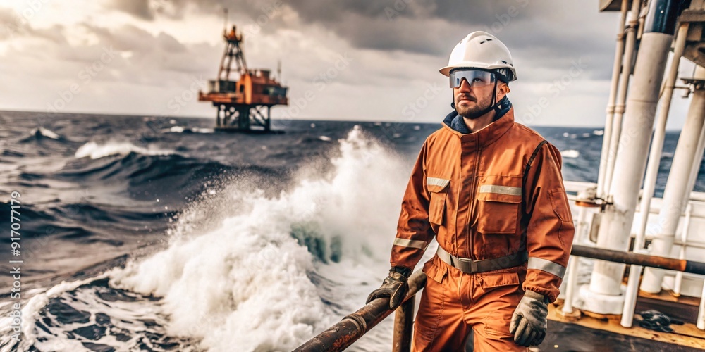 Offshore Oil Worker Braving the Elements. A lone offshore oil worker in ...