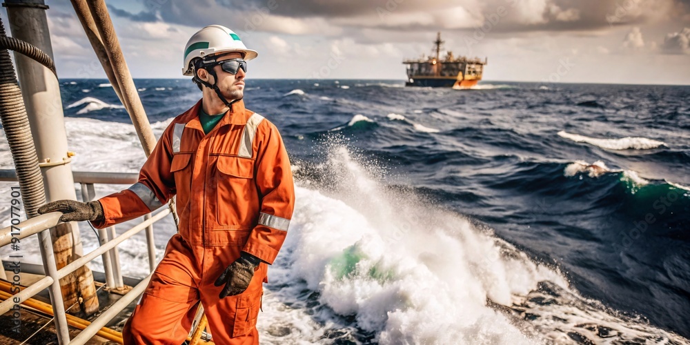 Offshore Oil Worker Braving the Elements. A lone offshore oil worker in ...