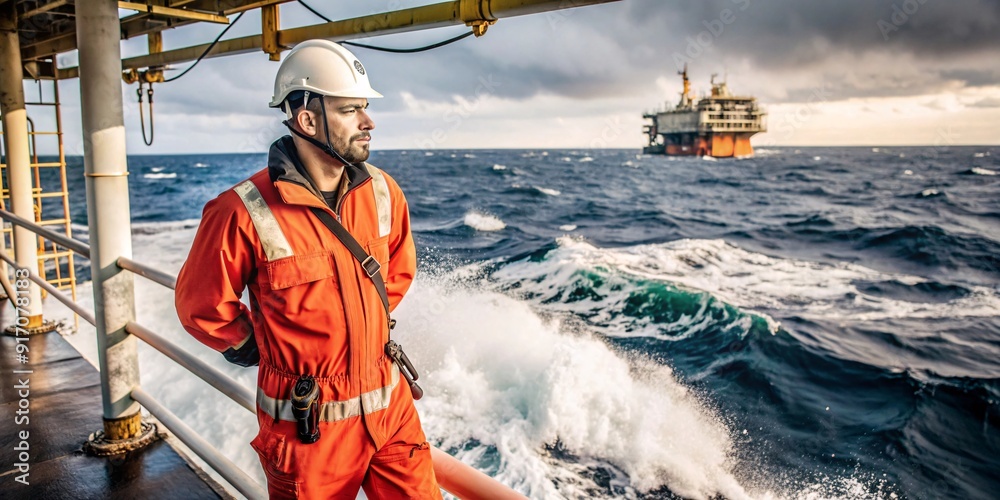 Offshore Oil Worker Braving the Elements. A lone offshore oil worker in ...