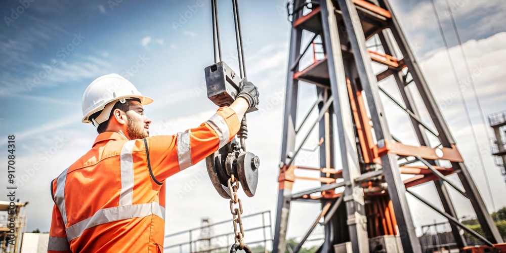 Oil Rig Worker Inspecting Equipment. An oil rig worker in an orange ...