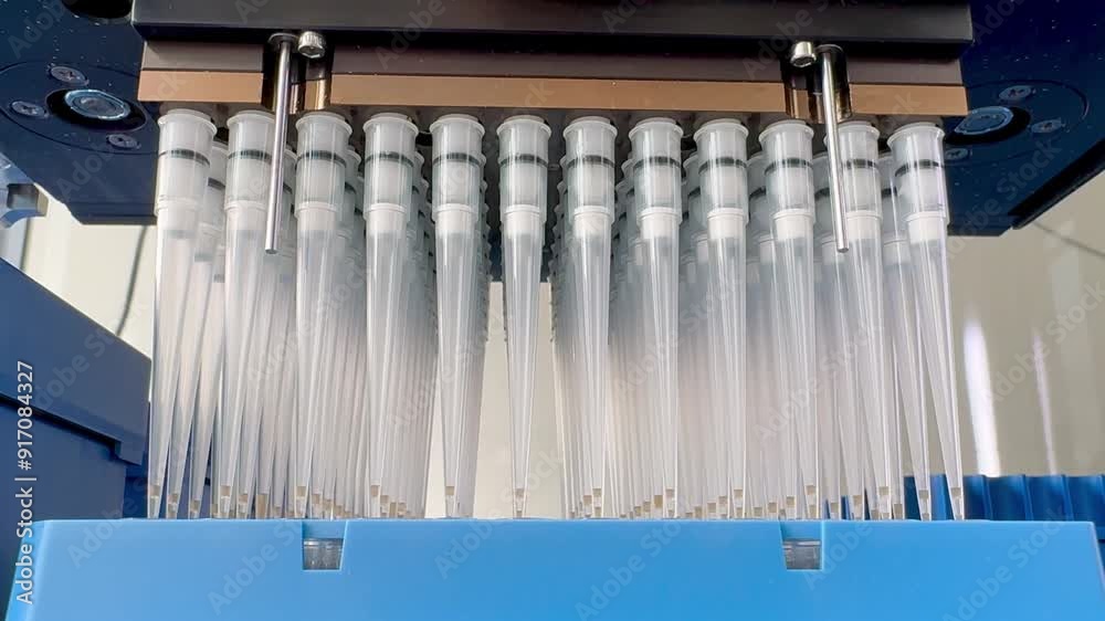 laboratory automated liquid handling system, robotic arm with multiple pipette tips above a tray ...