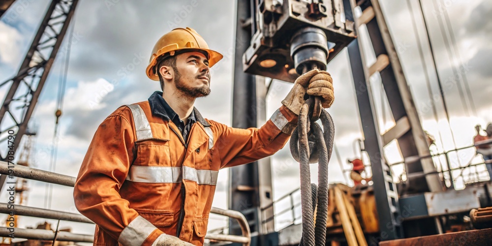 Oil Rig Worker Inspecting Equipment. An oil rig worker in an orange ...