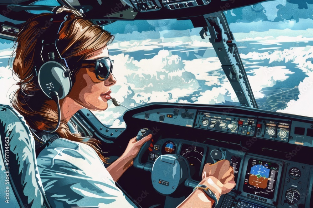 A confident female pilot sits in the cockpit, expertly guiding the ...