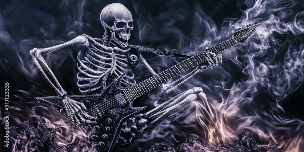Skeletal Figure Rocking Out on an Electric Guitar, Embodiment of Heavy ...