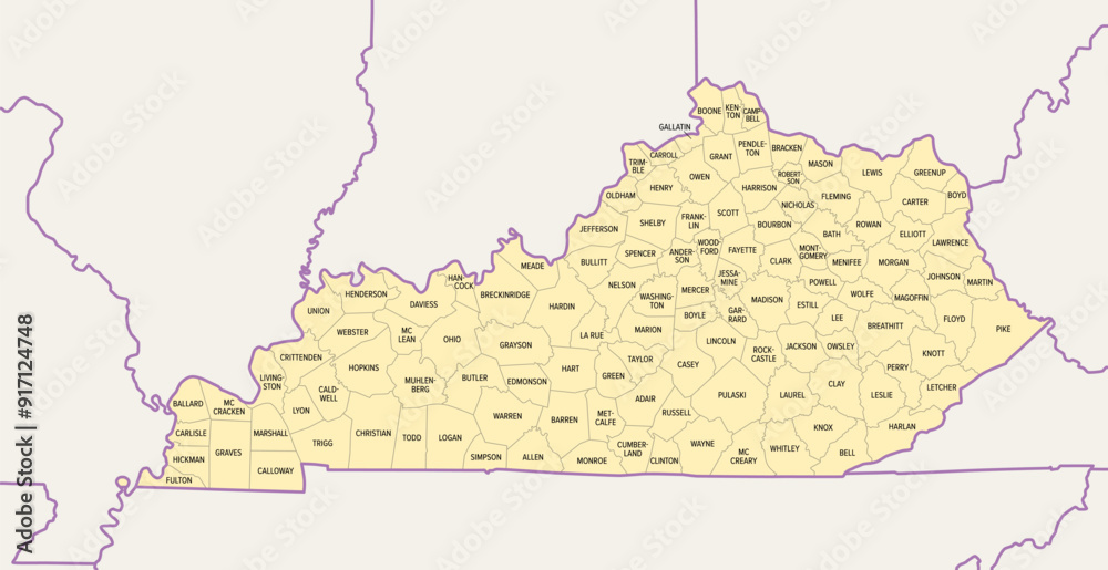 Kentucky, U.S. state subdivided into 120 counties, political map with ...