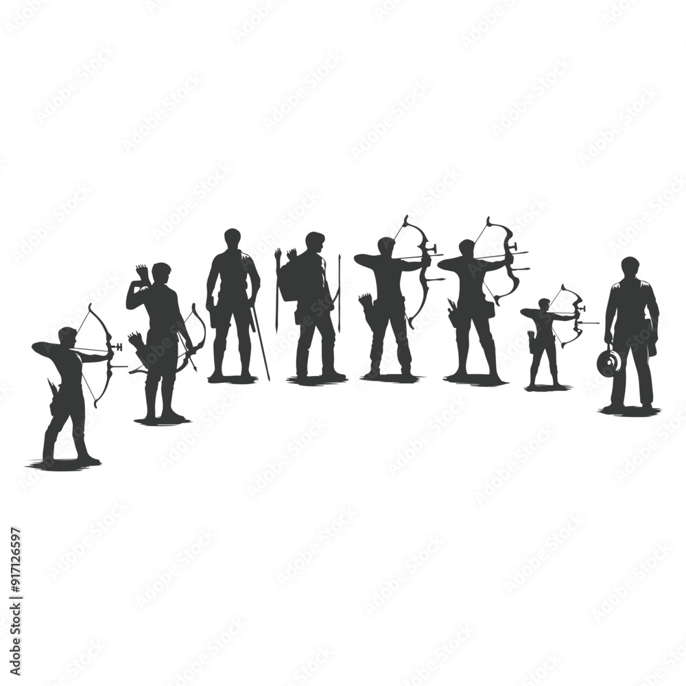 set of silhouettes of archery athletes with different poses, gestures ...