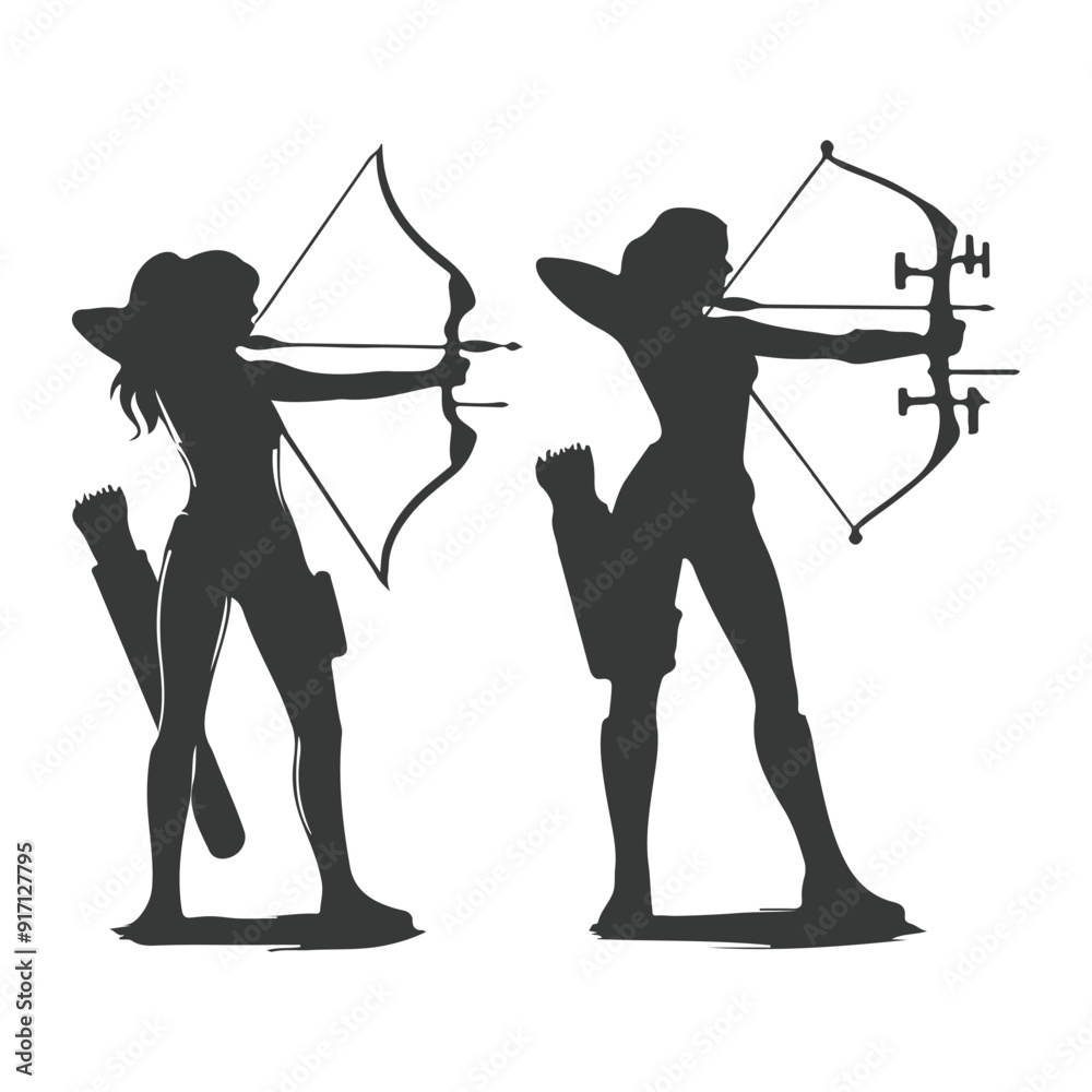 set of silhouettes of archery athletes with different poses, gestures ...