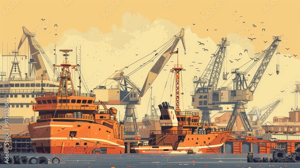 Design a vector image of a bustling harbor. What ships, cranes, and ...