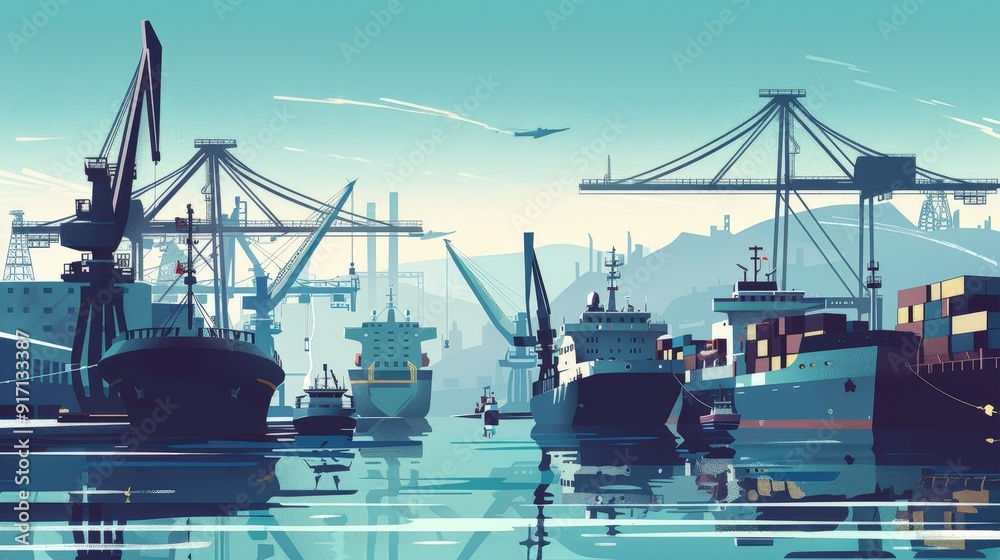 Design a vector image of a bustling harbor. What ships, cranes, and ...