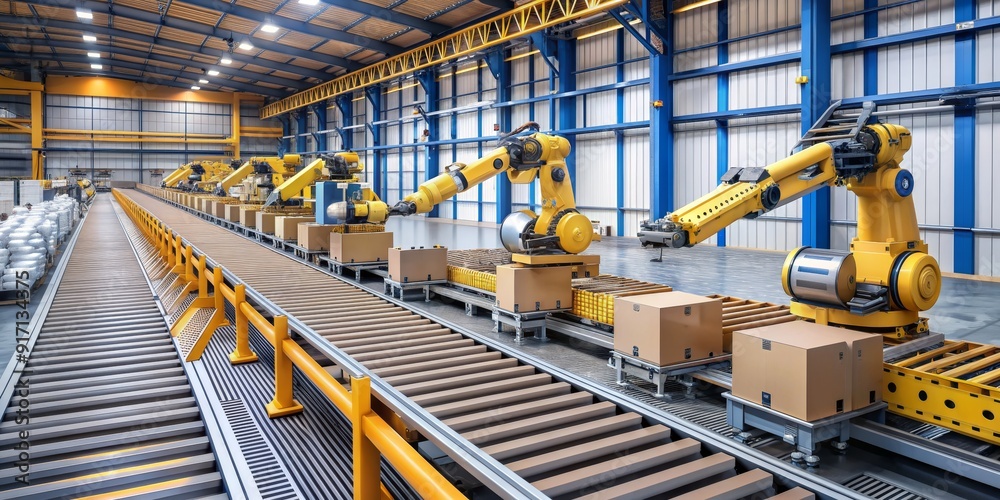 Automated Conveyor System With Yellow Robotic Arms Moving Boxes, Industrial Automation ...