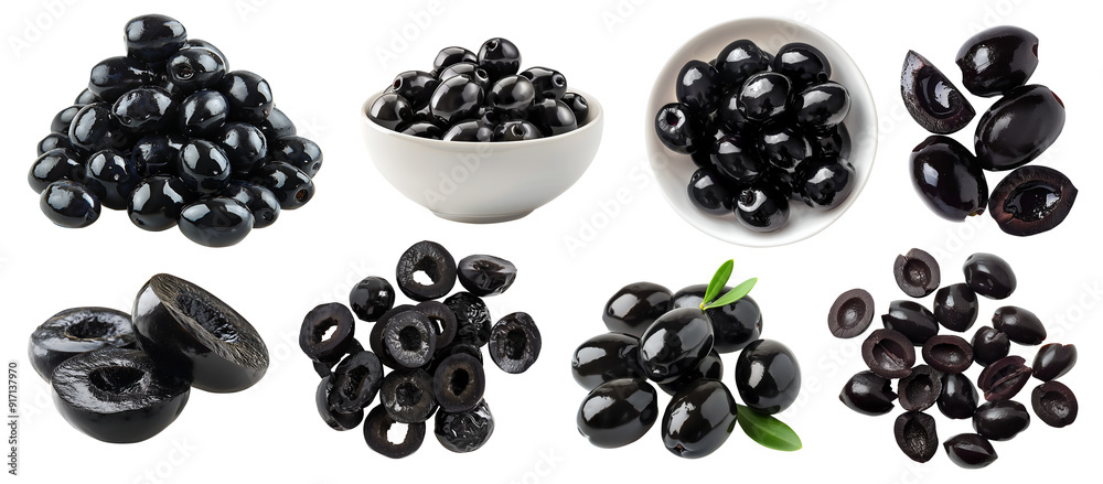 Black olive olives fruit vegetable, many angles and view side top front ...