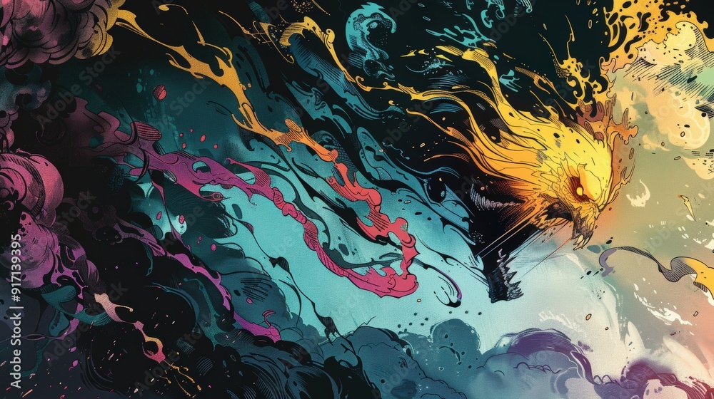 Imagine a frame for a comic book cover. Describe the bold and dynamic ...