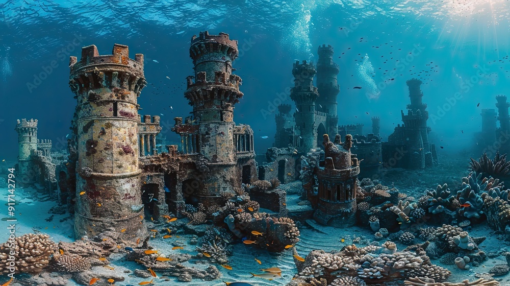 A tranquil underwater scene with a sunken castle, its towers and walls ...