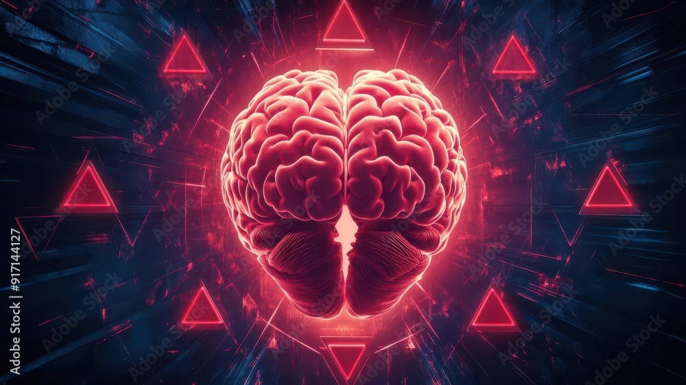 Heart and brain surrounded by warning triangles, signifying elevated ...