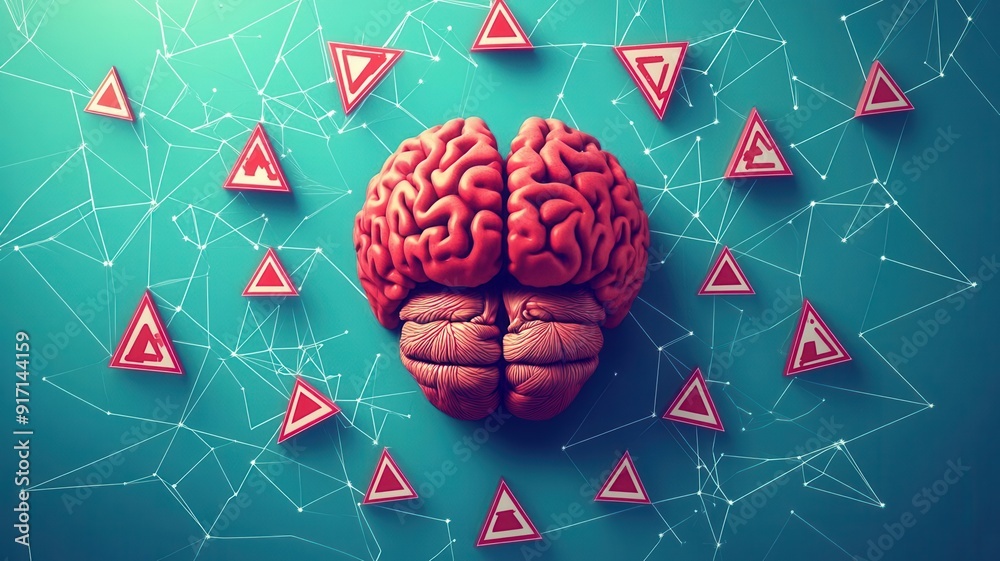 Heart and brain surrounded by warning triangles, signifying elevated ...