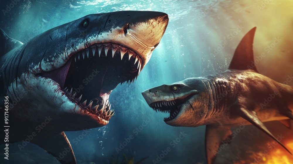 Dynamic underwater scene showcasing two ferocious sharks with gaping mouths, highlighting the ...