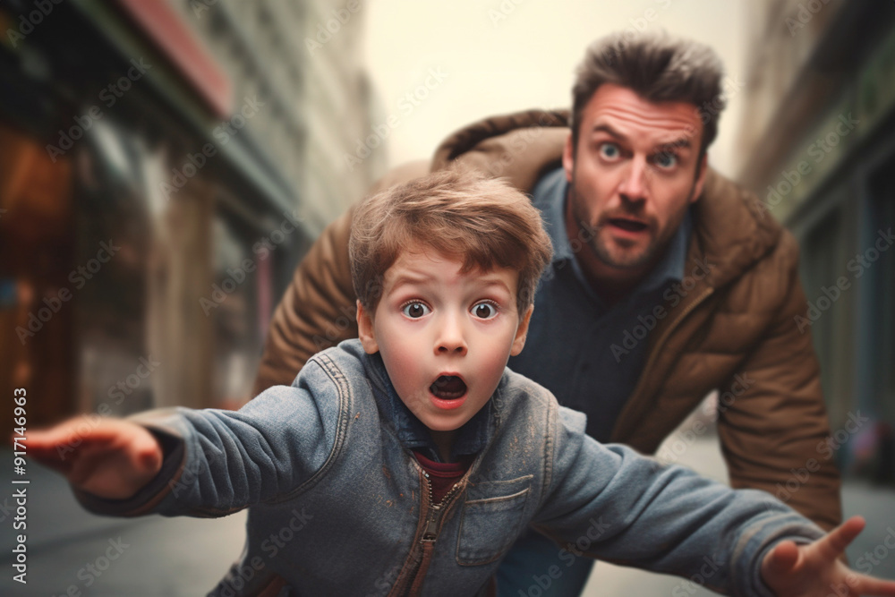 Distressed kid escaping angry dad. Protection and law of violence ...