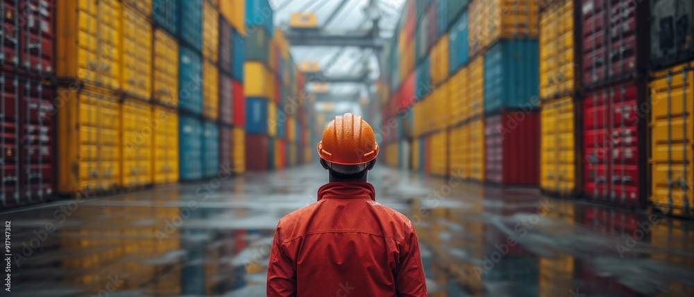 logistic background, worker wearing safety helmet with many container ...