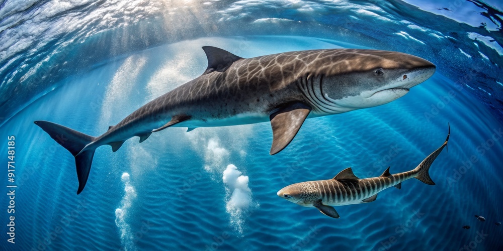 Underwater Perspective of Two Tiger Sharks Swimming in the Blue Ocean ...
