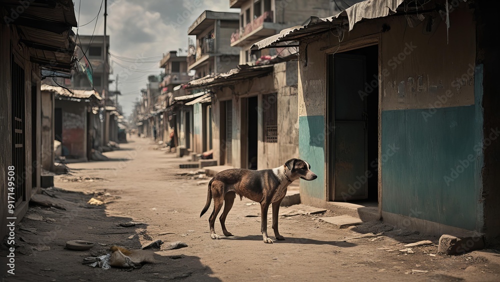 Complete in a slum, shelters without people. Amidst the rundown ...