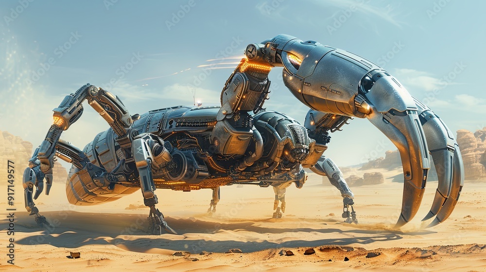 A mechanical scorpion with articulated metal limbs and a glowing ...
