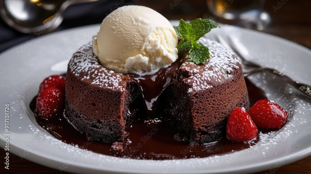 Classic chocolate lava cake with a molten center and a scoop of vanilla ...