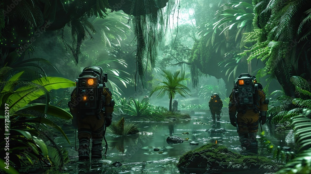 An alien jungle with colossal plants, strange bioluminescent organisms ...