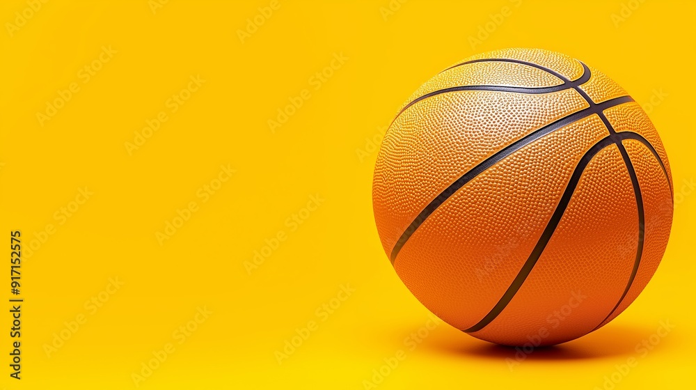 A basketball is sitting on a yellow background. The ball is orange and ...