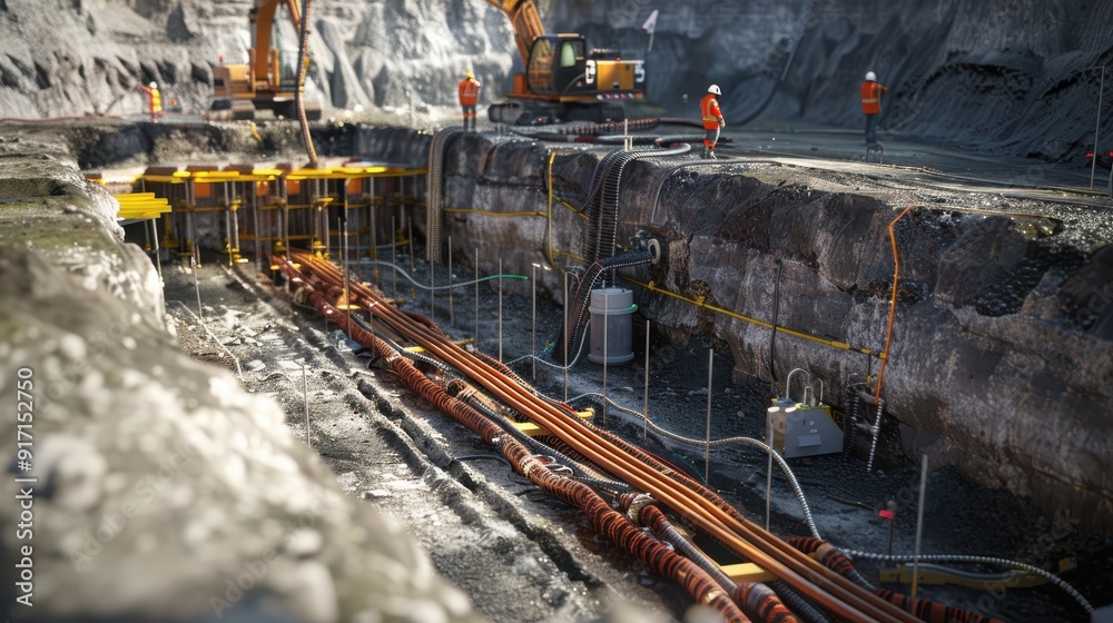 underground cable installation, cross-sectional view, cables being laid ...