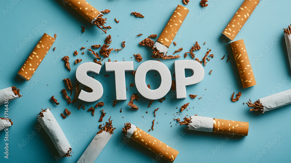 Broken cigarette scattered tobacco with text STOP on a light blue ...