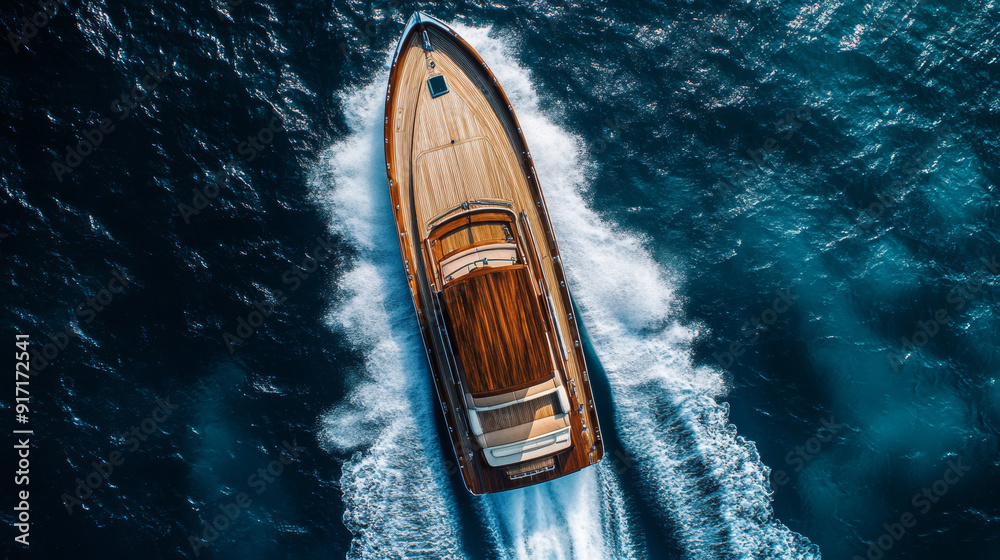 Wooden speedboat cruising the sea from above. Top view of a high ...