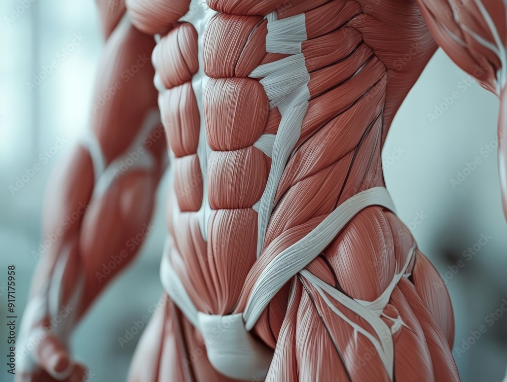 Detailed close-up of human muscular system model highlighting muscle ...